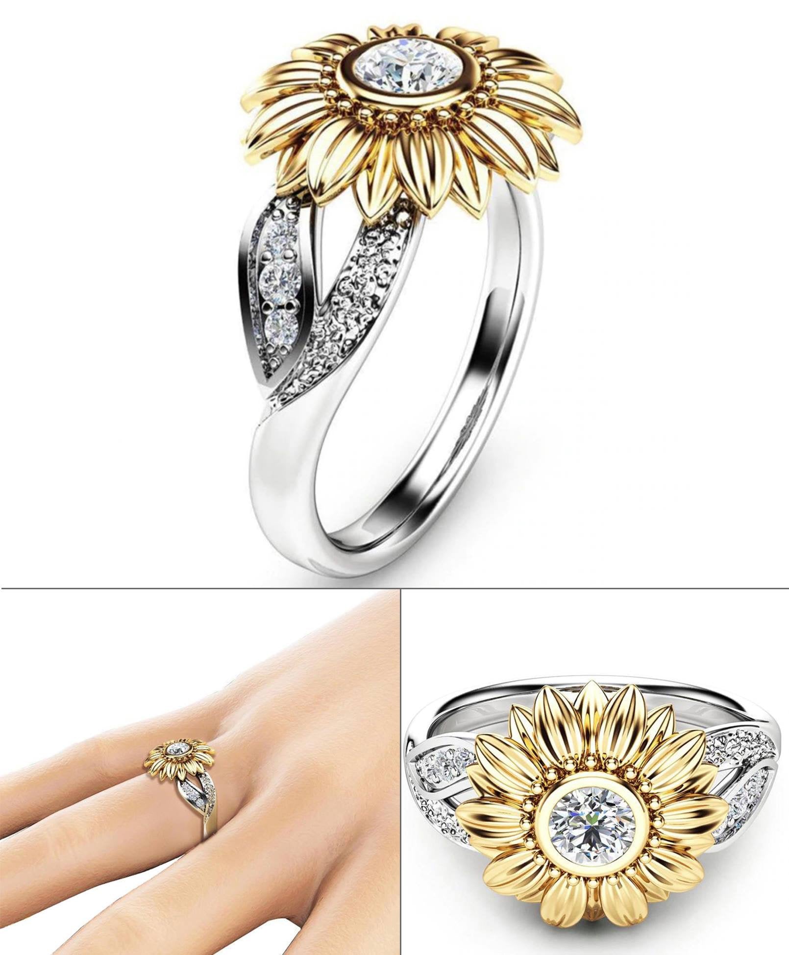 Exquisite Silver Crystal Sunflower Ring